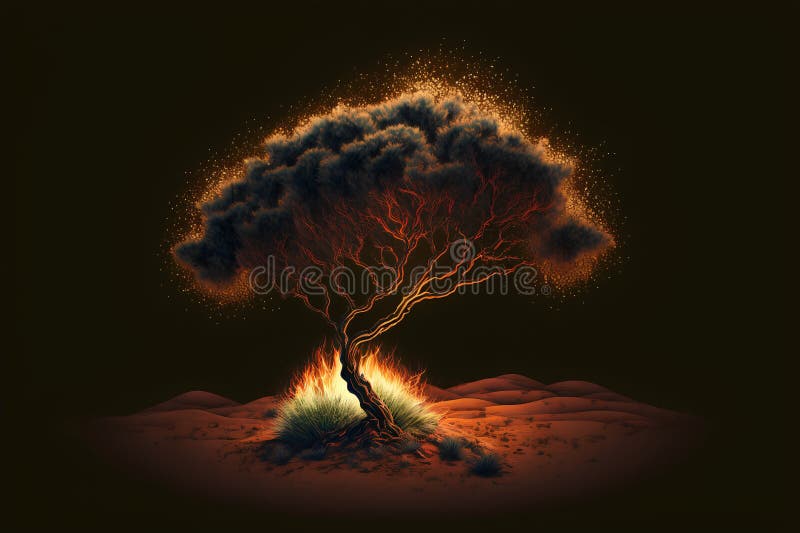 Burning Tree in the Desert, 3d Rendering. Computer Digital Drawing ...