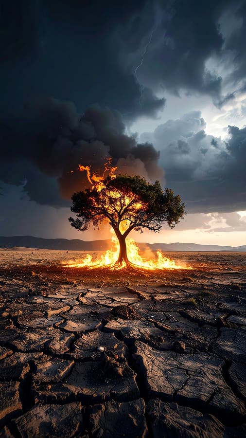 Burning Tree in a Desolate Landscape Under a Dramatic Stormy Sky ...
