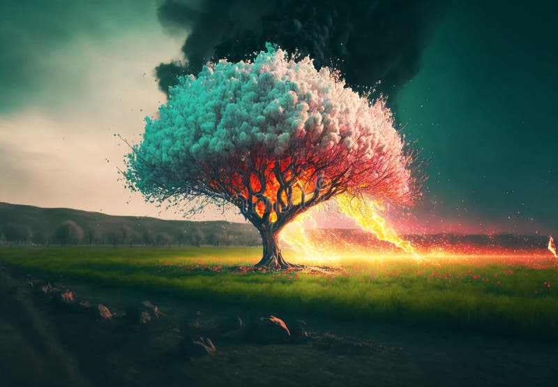 Burning Tree in the Field. Forest Fire Stock Illustration ...