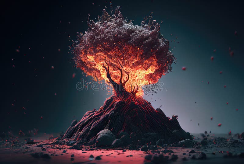 Burning Tree on Hill, Dust and Ashes Falling Down. Generative AI Stock ...