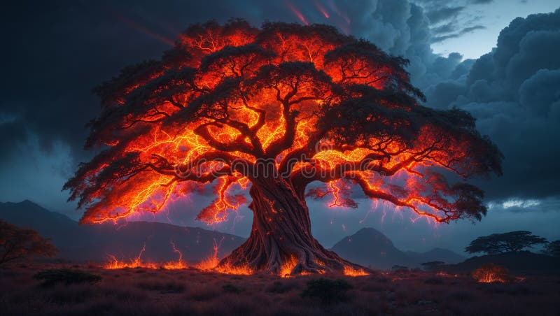 Burning Tree with Lightning Strikes Under Stormy Sky Stock Illustration ...