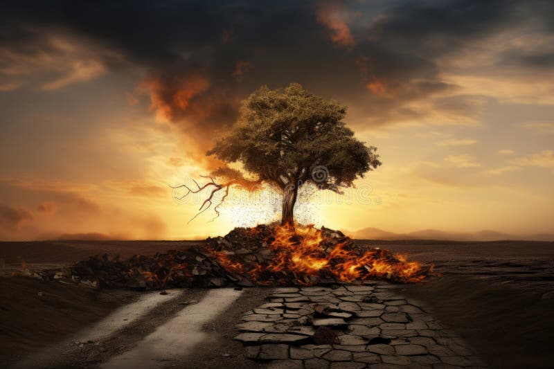 A Burning Tree in the Middle of a Road Stock Illustration ...