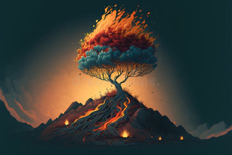 Burning Tree on the Mountain. Vector Illustration of a Burning Tree ...