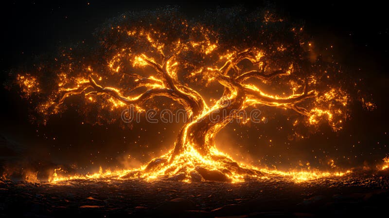 Burning Tree Night Landscape Fiery Digital Art Stock Illustration ...