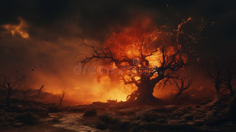 Burning Tree. Old Tree on Fire. Forest Fire Caused by Global Warming ...