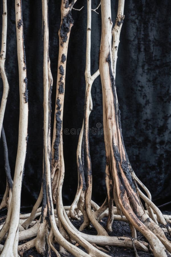 Burning Tree Roots Surrounding a Black Background. Stock Image - Image ...