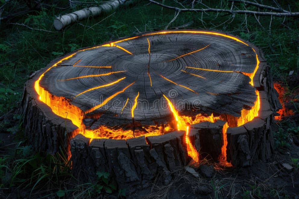 A Burning Tree Stump in a Dark Environment Stock Image - Image of tree ...