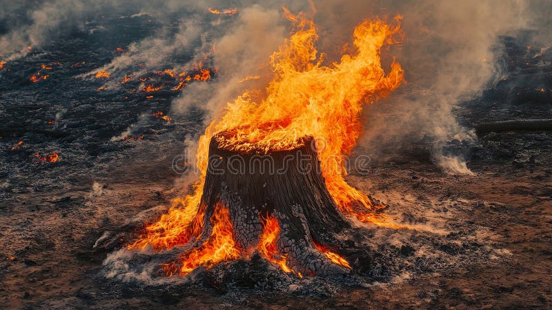Burning Tree Stump in Deforestation Area Engulfed in Flames and Smoke ...