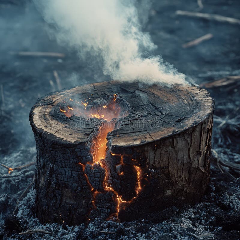 Burning Tree Stump Emitting Smoke in a Forest Aftermath Scene. Stock ...