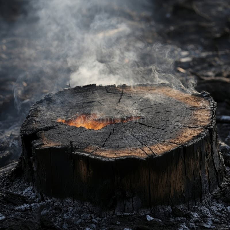 Burning Tree Stump Emitting Smoke in a Forest Setting. Stock Photo ...