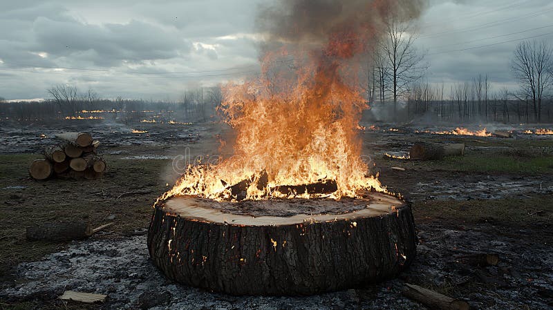 Burning Tree Stump, Field Fire, Dusk Stock Image - Image of land ...