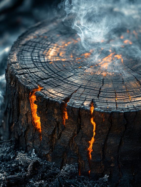 Burning Tree Stump with Glowing Embers and Smoke. Stock Image - Image ...