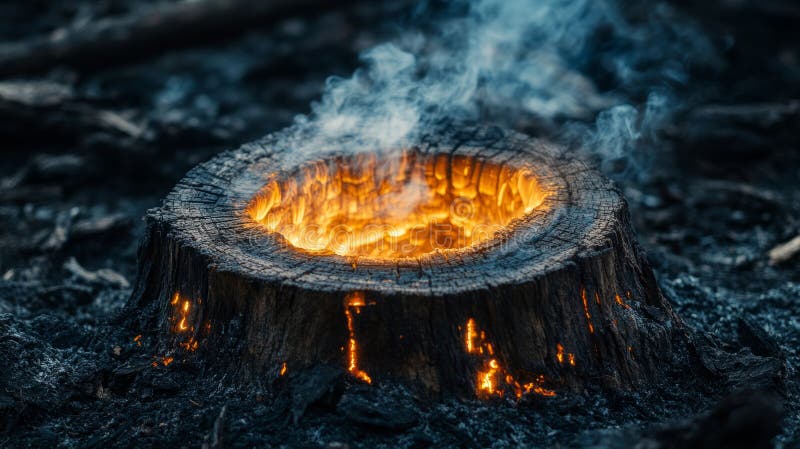 Burning Tree Stump with Smoke in a Forest Setting Stock Photo - Image ...