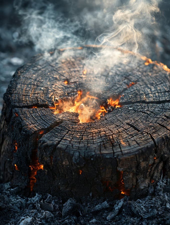 Burning Tree Stump with Smoke and Glowing Embers. Stock Photo - Image ...