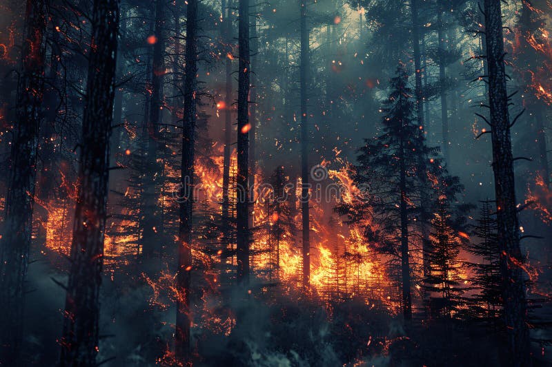 Burning Trees at Night, Red Fire Stock Illustration - Illustration of ...