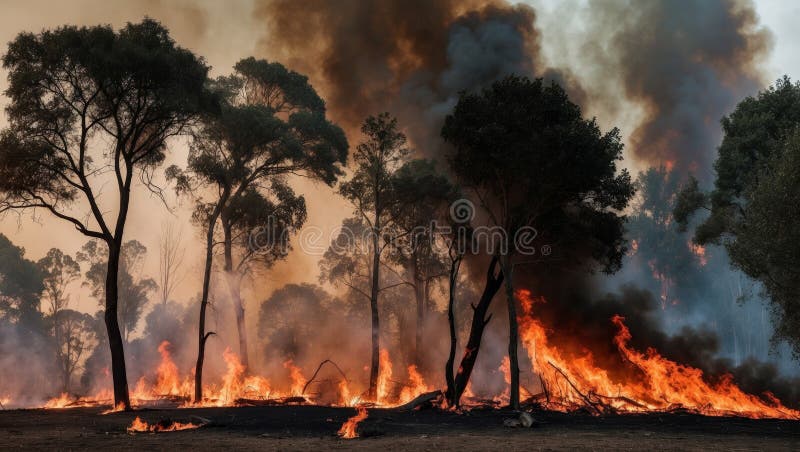 Forest Fire with Burning Trees and Heavy Smoke Stock Illustration ...