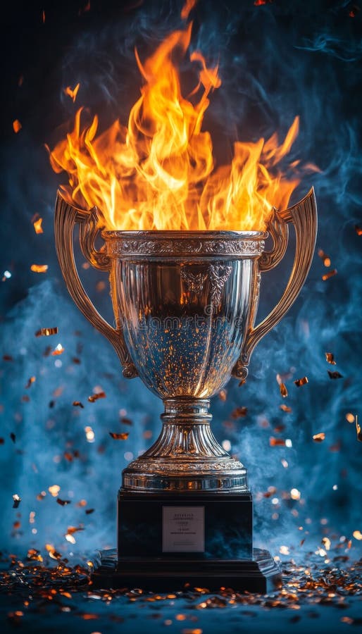 Burning Trophy on Blue Confetti Background a Symbol of Victory ...
