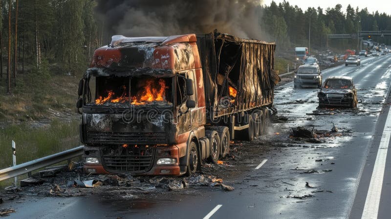 Burning Truck and Car Wreck Causing Traffic Jam on Highway Stock ...
