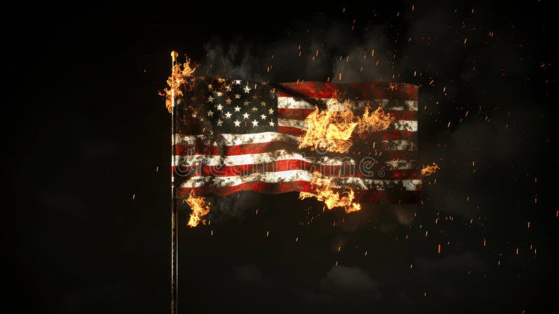 Burning USA Flag on Black Background. American Symbol on Fire Stock ...