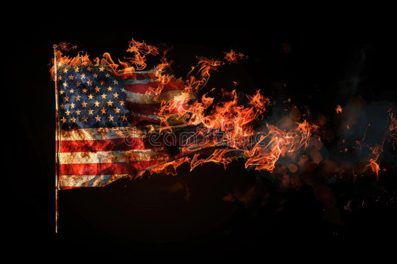 Burning USA Flag on Black Background. American Symbol on Fire Stock ...