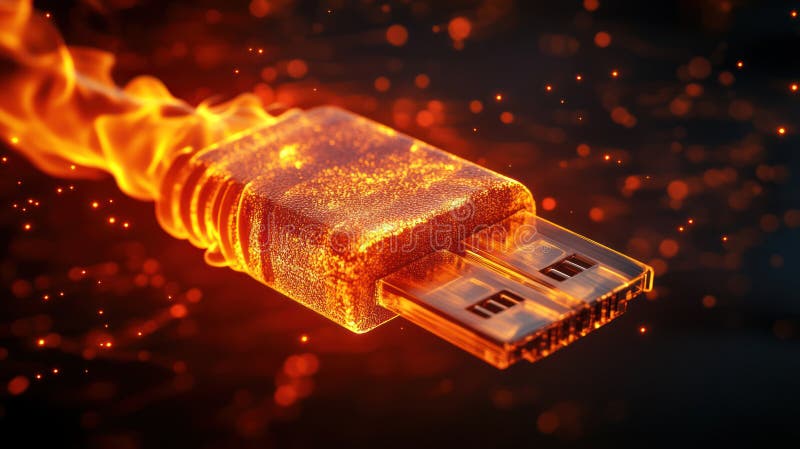 Burning USB Port in Fiery Digital Explosion Stock Illustration ...