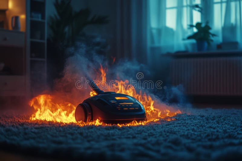 Burning Vacuum Cleaner on Carpet Causing Fire Hazard in House at Night ...