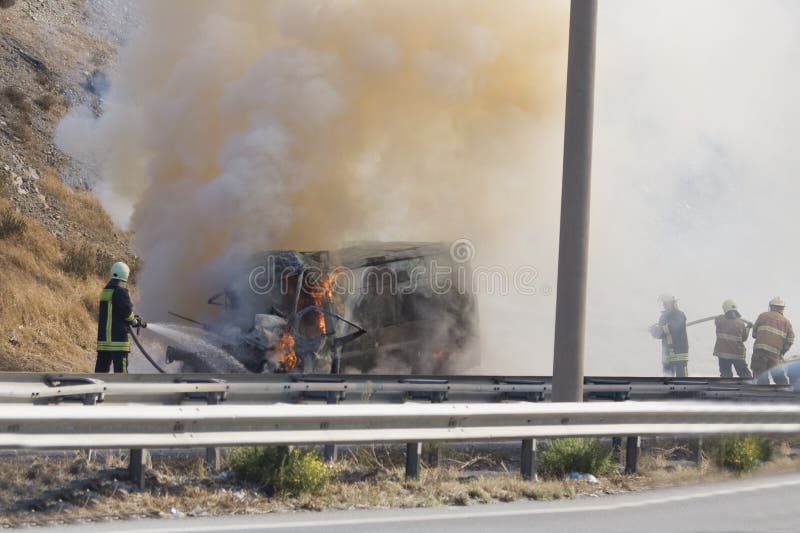 Burning van with 4 fireman stock image. Image of billow - 21532065