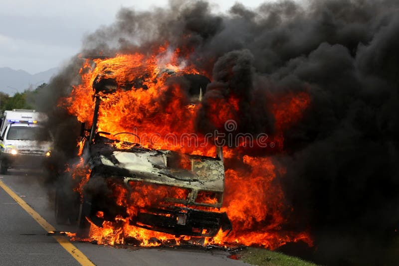 Burning Van with Police Car in Background Stock Image - Image of danger ...