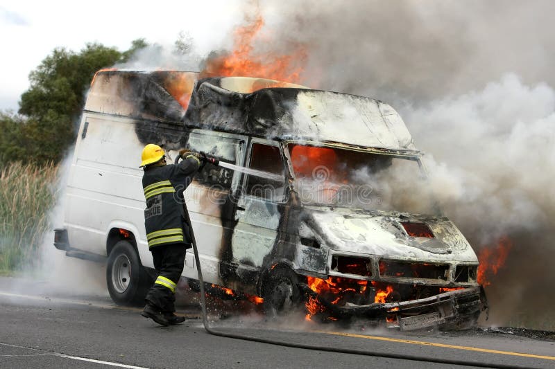 Burning Vehicle and Fireman Stock Image - Image of automobile, disaster ...