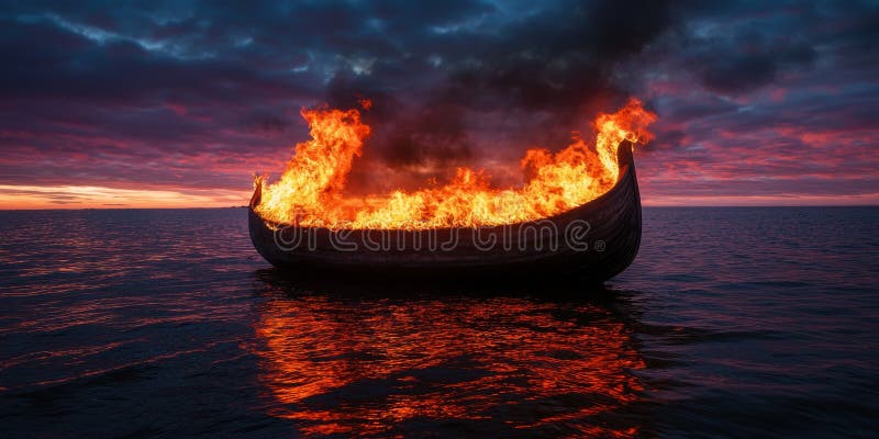 Burning Viking Ship at Sunset Stock Illustration - Illustration of ...