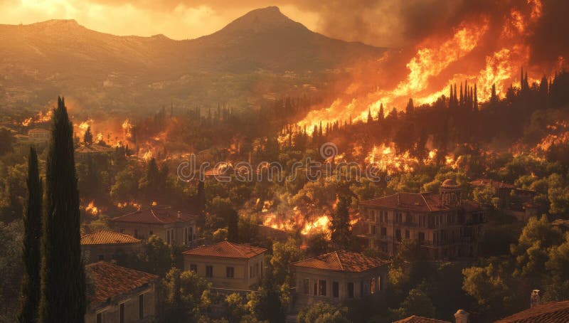 A Burning Village and Trees. Generative AI. Stock Illustration ...