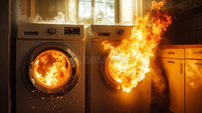A Burning Washing Machine in a Kitchen Next To a Washer and Dryer Stock ...