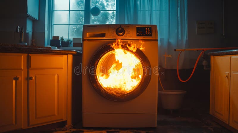 A Burning Washing Machine in a Kitchen Next To a Window Stock Image ...