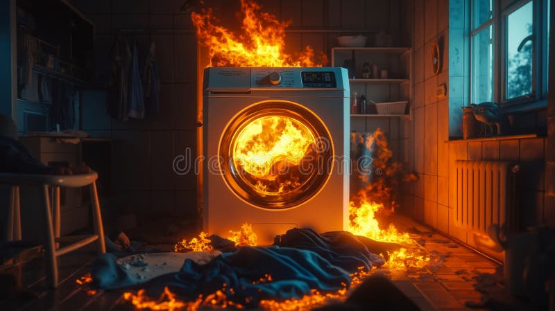A Burning Washing Machine in a Messy Room with a Fire Coming Out of it ...