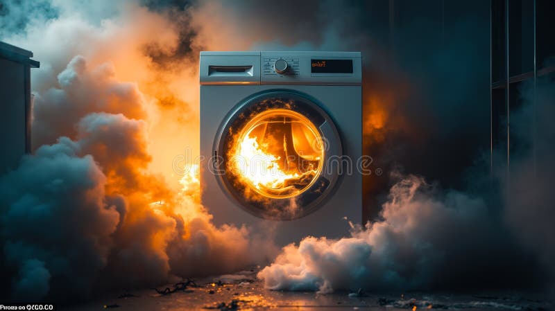 A Burning Washing Machine in the Middle of a Room with Smoke Coming Out ...