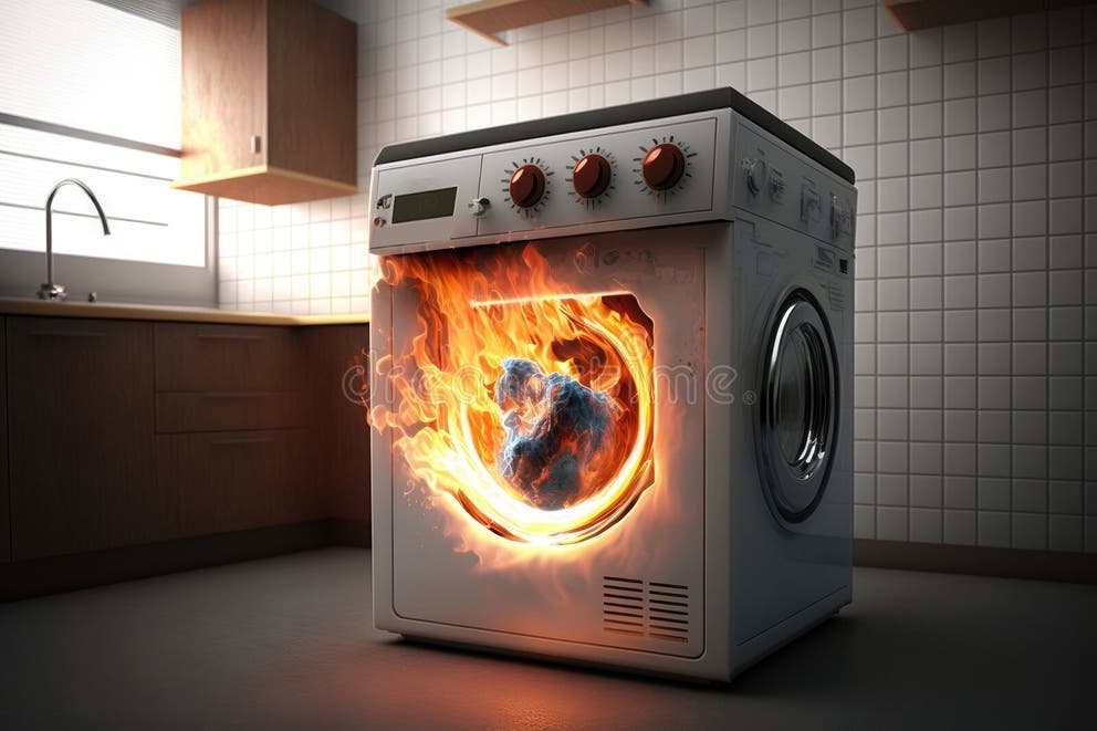 Burning Washing Machine in Modern Kitchen Apartment Design. Generative ...