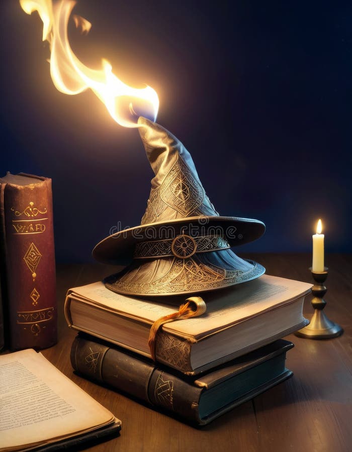 Burning Witch Hat on Magical Tomes Stock Photo - Image of arcane ...