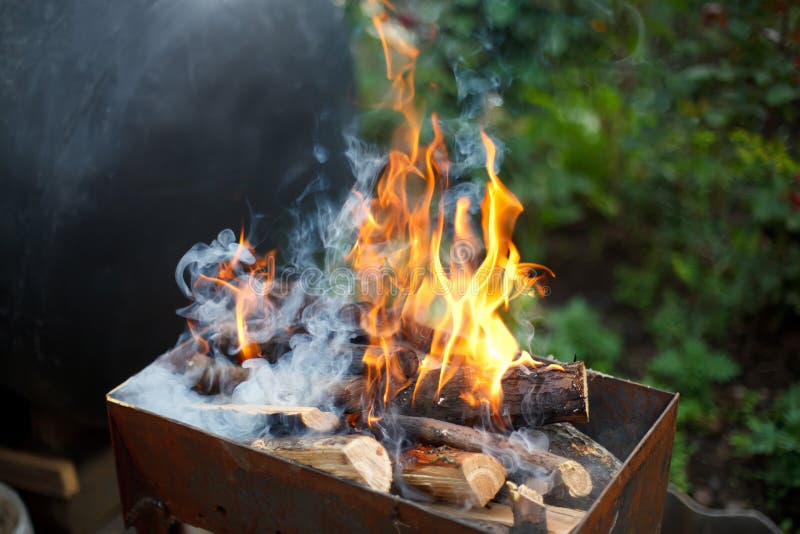 Burning Wood in a Brazier. Fire, Flames from Wood Ember for Grill or ...