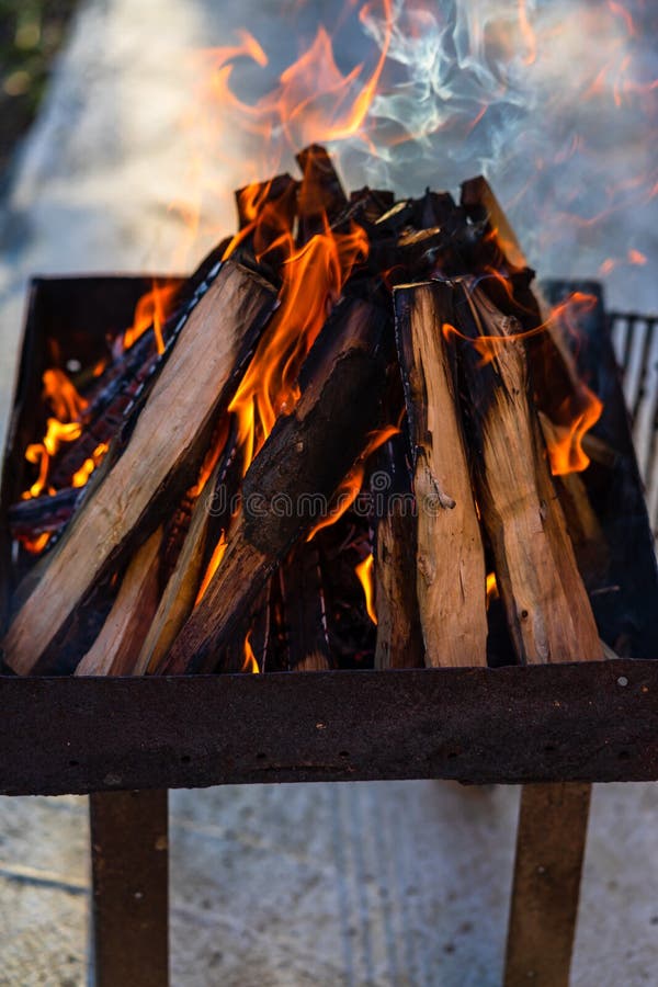 Burning Wood Chips To Form Coal. Barbecue Preparation, Fire before ...