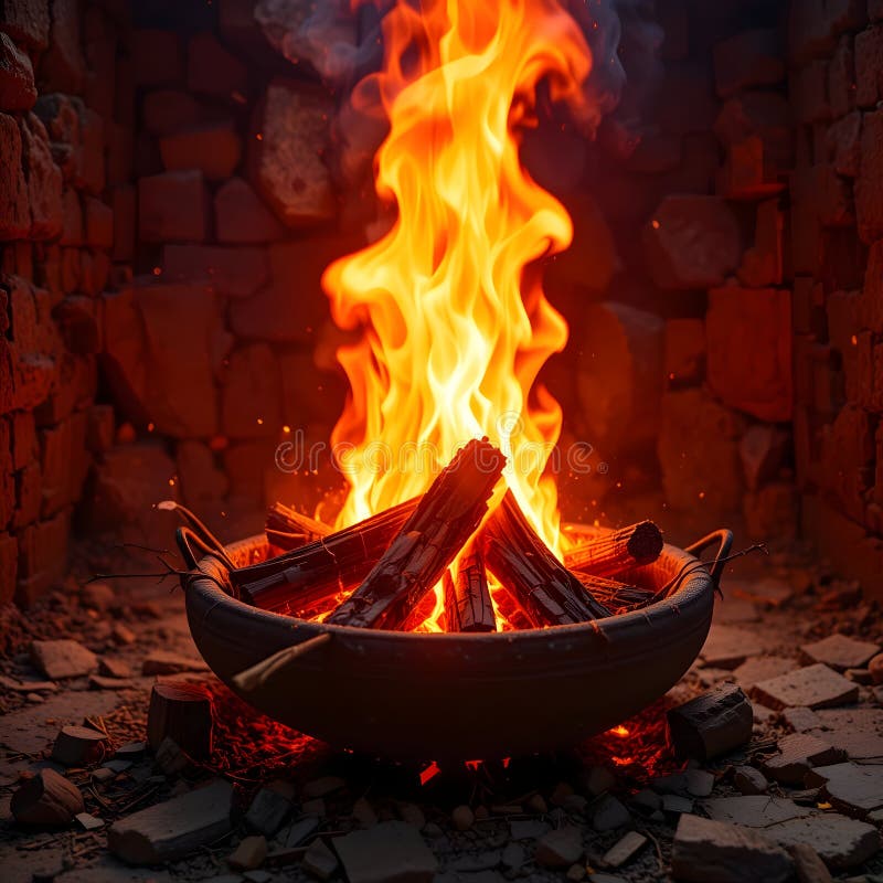 Burning Wood in Fire Pit Flames Against Brick Background Stock ...