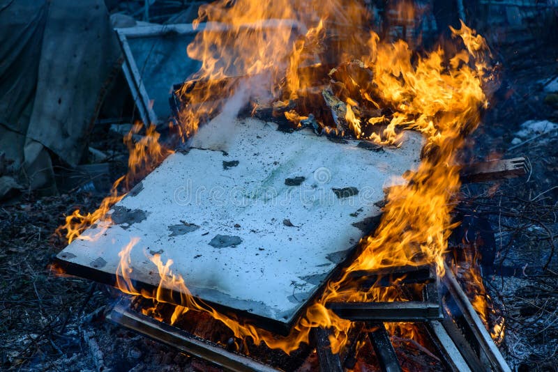 Burning Wood, Flame and Smoke on Blue Background Stock Image - Image of ...
