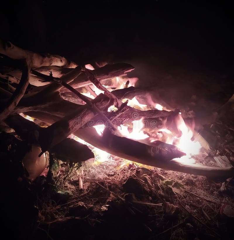 Burning Wood Lights Up the Dark Night Stock Photo - Image of lights ...