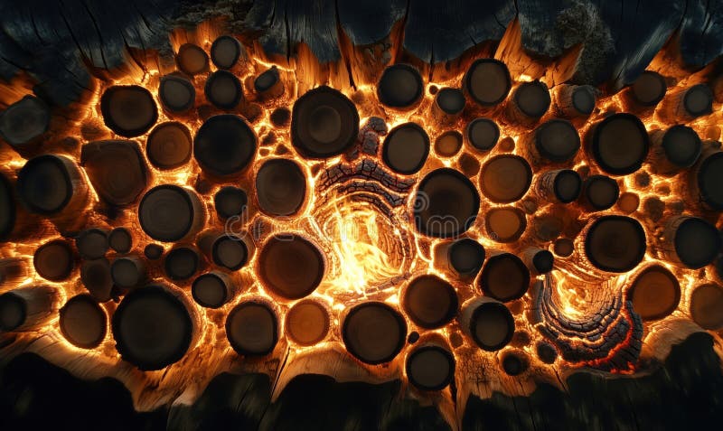 Burning Wood Logs with Glowing Edges Creating a Mesmerizing Pattern of ...