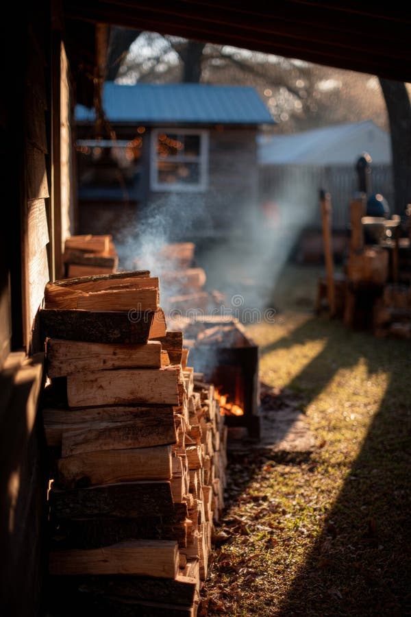 Burning Wood Stack in a Sunny Backyard Stock Illustration ...