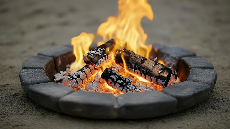 Burning Wood in Stone Fire Pit on Beach Stock Video - Video of camping ...