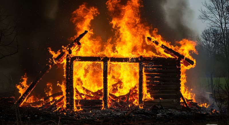 Burning Wooden Cabin Fire Dramatic Night Scene Stock Photo - Image of ...