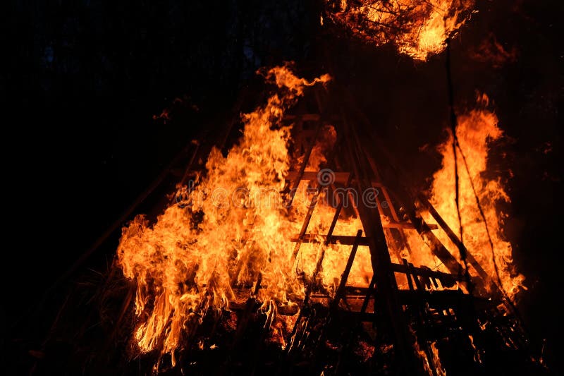 Burning Wooden House at Night, Close Up View Stock Image - Image of ...