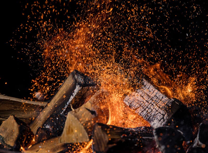 Burning Wooden Logs in Fire, Campfire on Black Stock Image - Image of ...