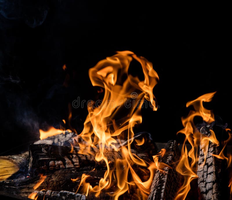 Burning Wooden Logs in Fire, Campfire on Black Stock Photo - Image of ...
