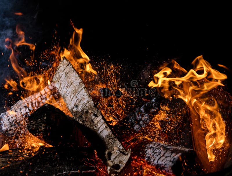 Burning Wooden Logs in Fire, Campfire on Black Stock Image - Image of ...
